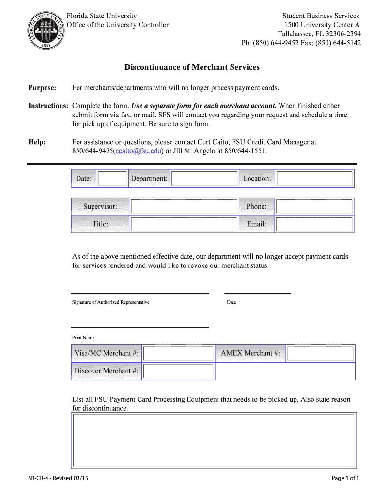Fillable Online controller vpfa fsu Discontinuance of Merchant Services - Florida State ...
