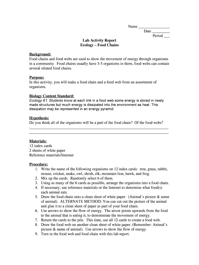 Fillable Online Lab Activity Report Ecology Food Chains Fax Email Print - pdfFiller
