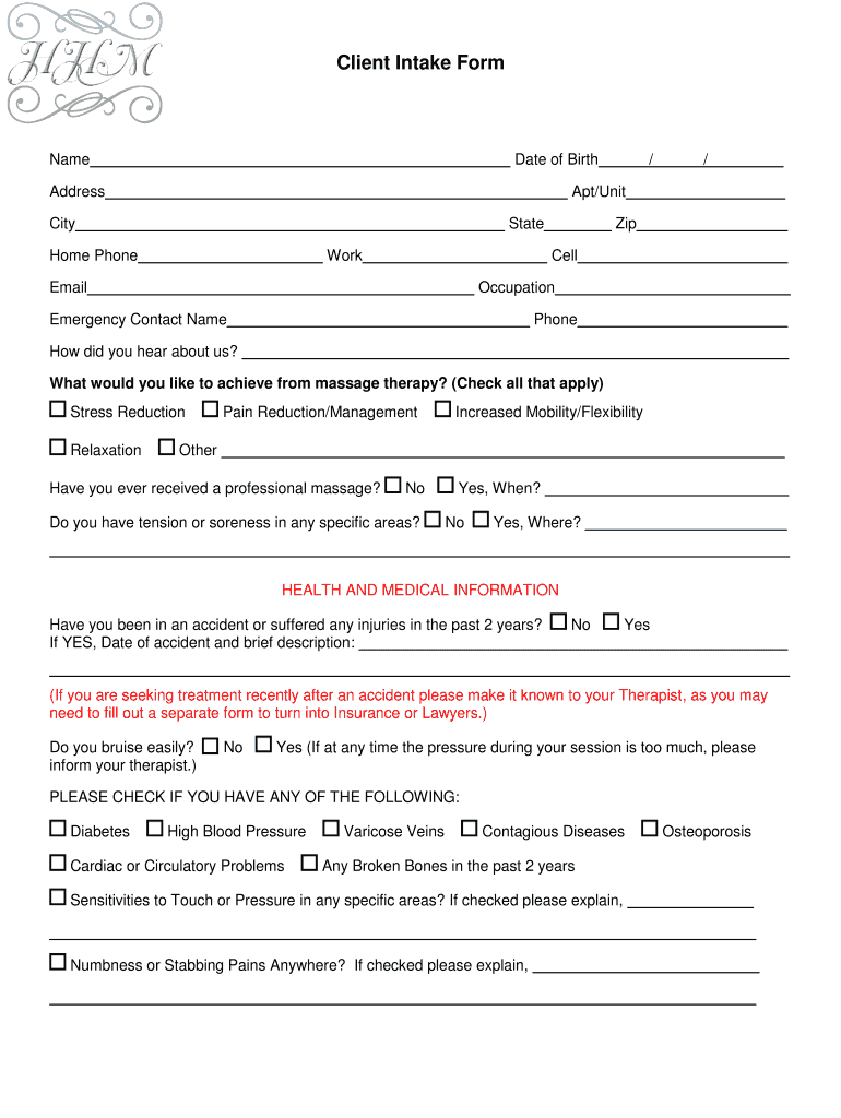 Fillable Online Client Intake Form - Associated Bodywork Massage Fax ...