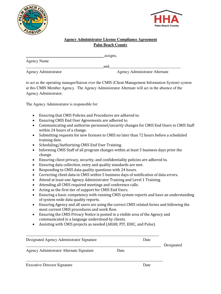 Fillable Online pbcgov Agency Administrator License Compliance Agreement Palm Fax Email Print ...