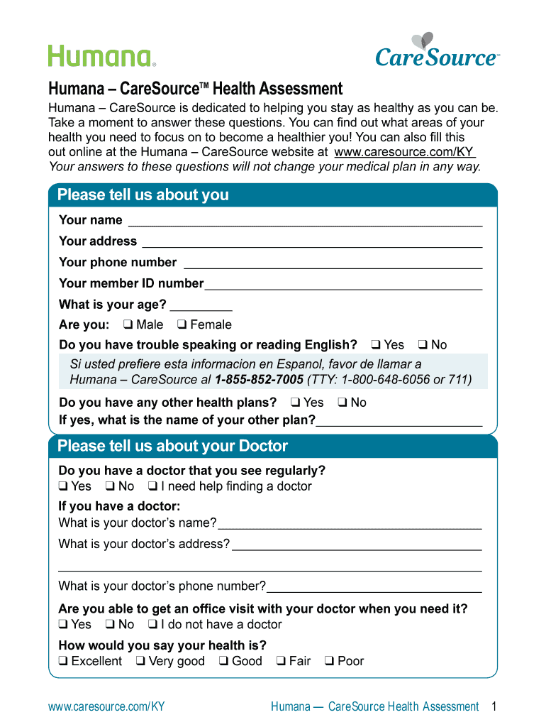 Fillable Online Humana CareSourceTM Health Assessment Fax Email Print ...