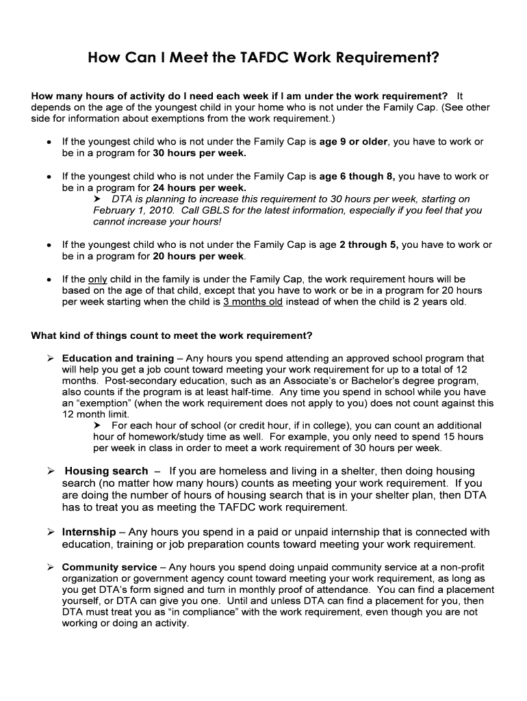 Fillable Online How Can I Meet the TAFDC Work Requirement Fax Email ...