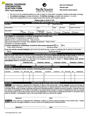 Fillable Online DENTAL COVERAGE CONTINUATION ELECTION FORM Effective date Fax Email Print ...