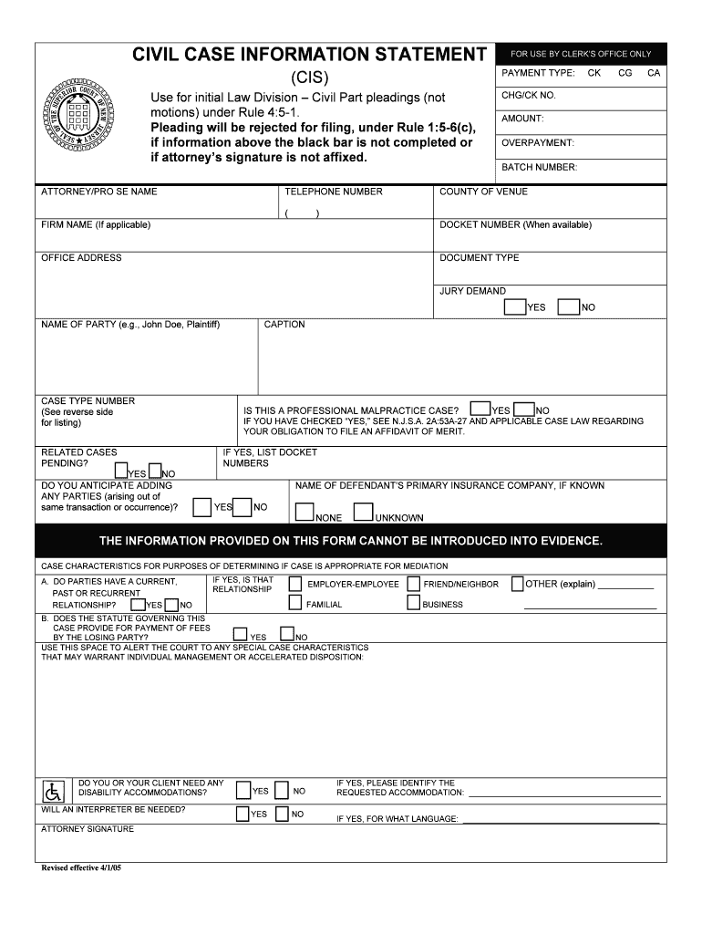Fillable Online nationalparalegal CIVIL CASE INFORMATION STATEMENT ...