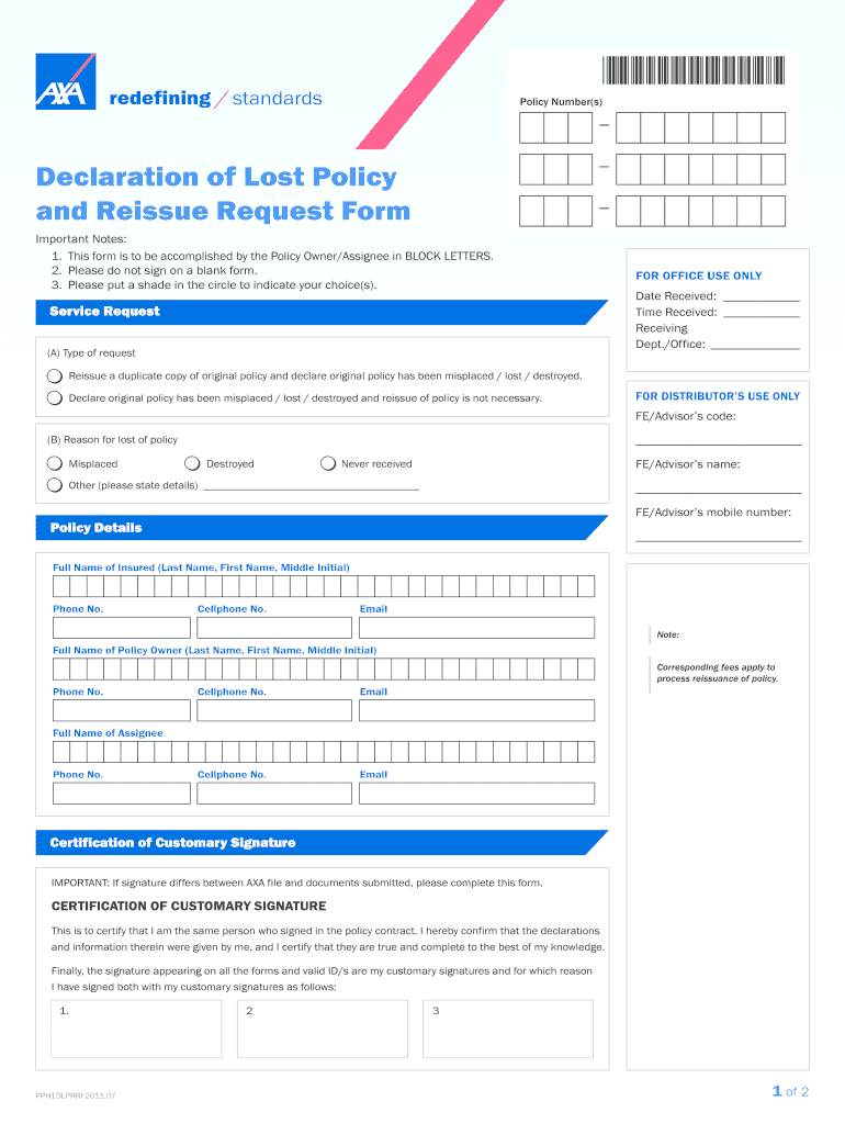 Fillable Online axa com Declaration of Lost of Policy and Reissue ...
