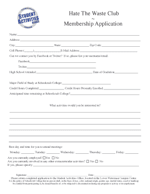 Fillable Online schoolcraft Hate The Waste Club Membership Application ...