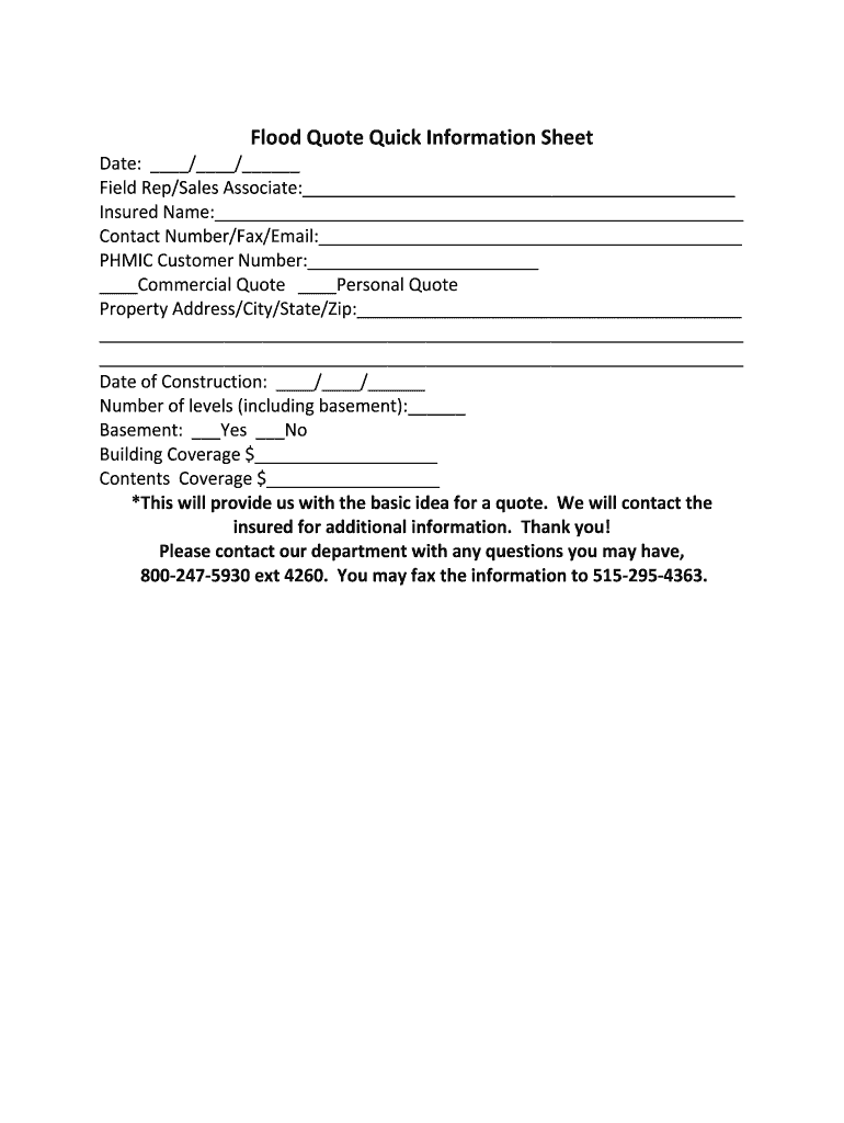 Fillable Online Flood Quote Quick Information Sheet Fax Email Print ...