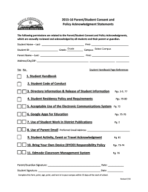 Fillable Online 2015-16 ParentStudent Consent and Policy Acknowledgment ...