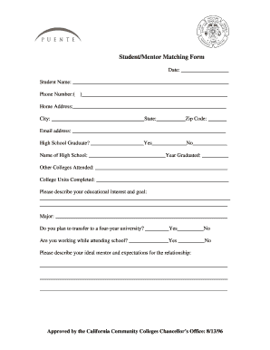 Fillable Online elac StudentMentor Matching Form - East Los Angeles ...