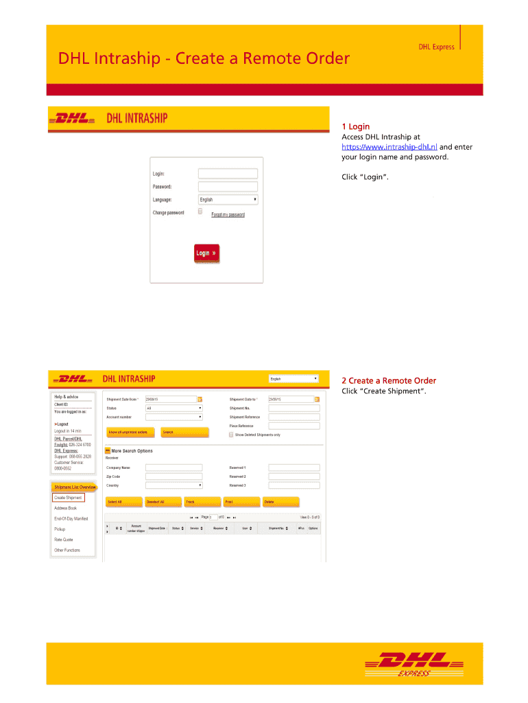 Fillable Online DHL Intraship - Create a Remote Order Fax Email Print - pdfFiller