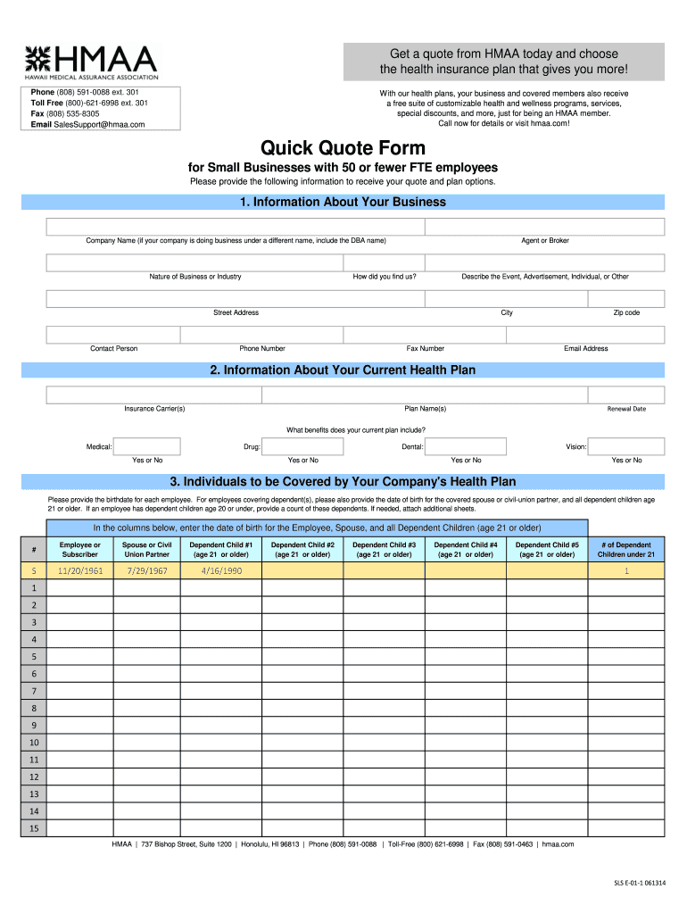 Fillable Online Phone Email Quick Quote Form - HMAA Fax Email Print ...