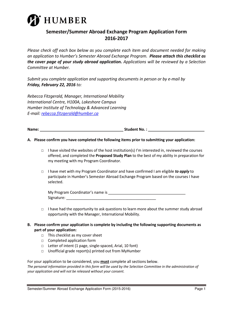 Fillable Online SemesterSummer Abroad Exchange Program Application Form ...