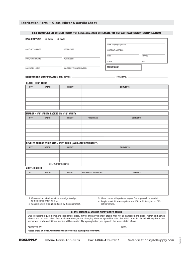 Fillable Online Fabrication Form Glass Mirror Acrylic Sheet Fax Email ...