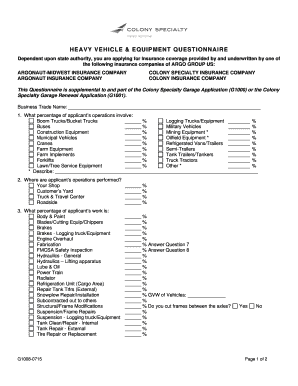 Fillable Online G1008-0715 Heavy Vehicle Questionnaire - Specialty Risk ...