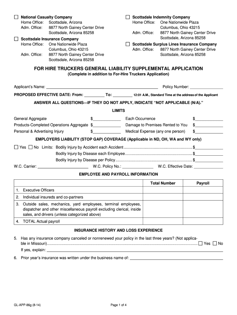 Fillable Online FOR HIRE TRUCKERS GENERAL LIABILITY SUPPLEMENTAL ...