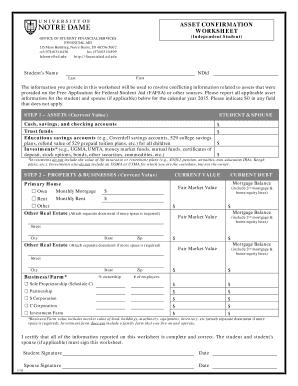 Fillable Online financialaid nd ASSET CONFIRMATION WORKSHEET ...