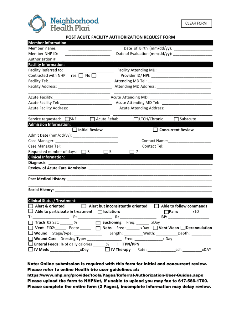 Fillable Online nhp Post Accute Authorization form JS edits 11 19 Fax ...