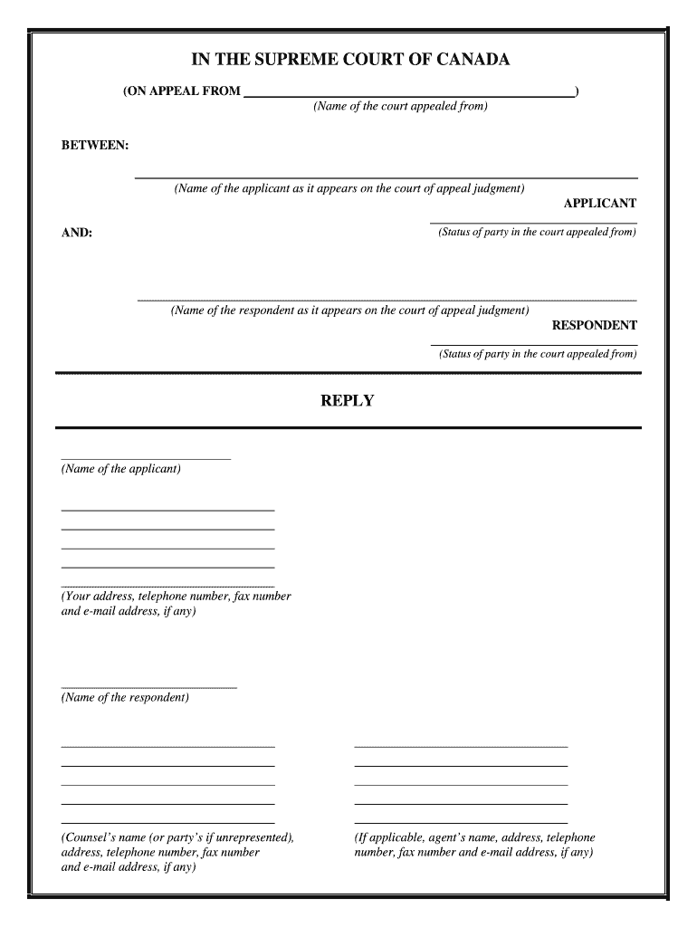 Fillable Online scc-csc IN THE SUPREME COURT OF CANADA (ON APPEAL FROM ...