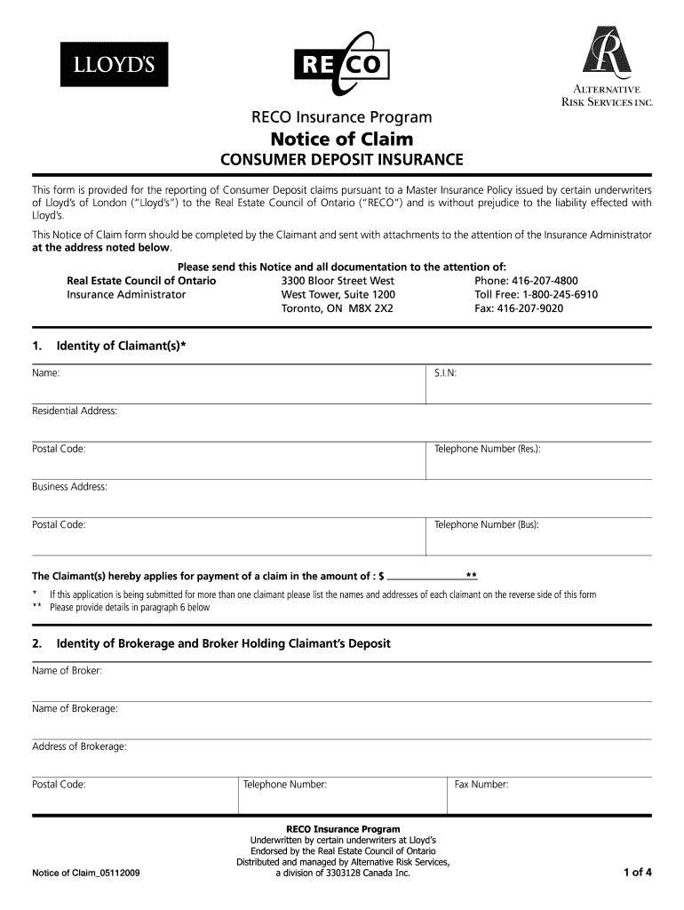 Fillable Online reco on RECO Insurance Program Notice of Claim Consumer ...