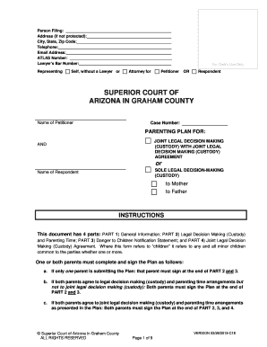 Fillable Online PARENTING PLAN FOR JOINT LEGAL DECISION MAKING CUSTODY ...