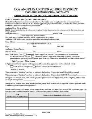 Fillable Online laschools Prime Contractor Prequalification Questionnaire 05-14-15docx Fax Email ...