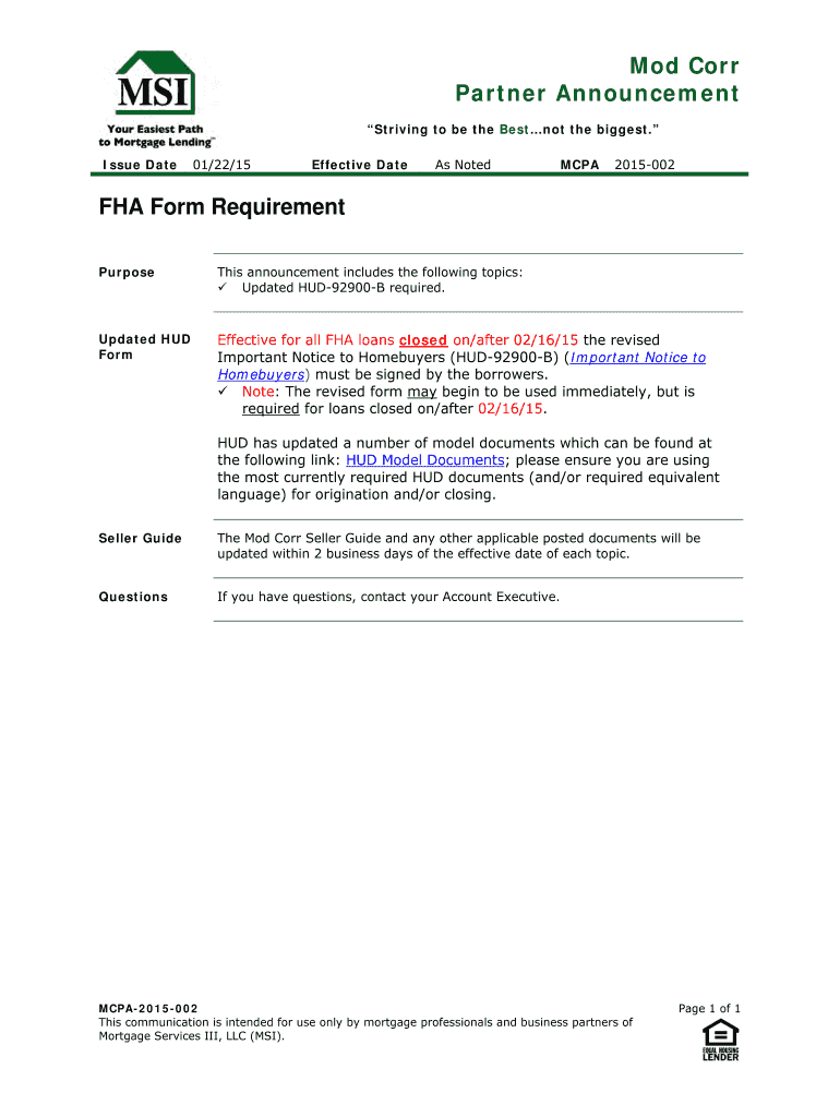 Fillable Online msiloans FHA Form Requirement - msiloansbiz Fax Email ...