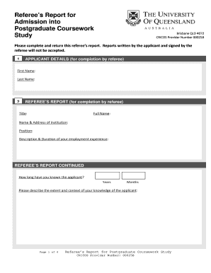 Fillable Online uq edu Referees Report for Admission into Postgraduate Coursework Fax Email ...