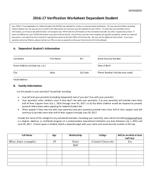 Fillable Online web saumag DEPENDENT 201617 Verification Worksheet Dependent Student Your 201617 ...