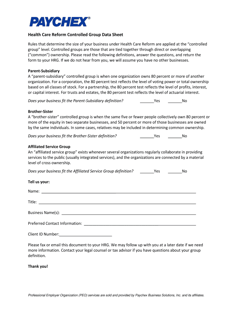 Fillable Online Health Care Reform Controlled Group Data Sheet - Paychex Fax Email Print - pdfFiller