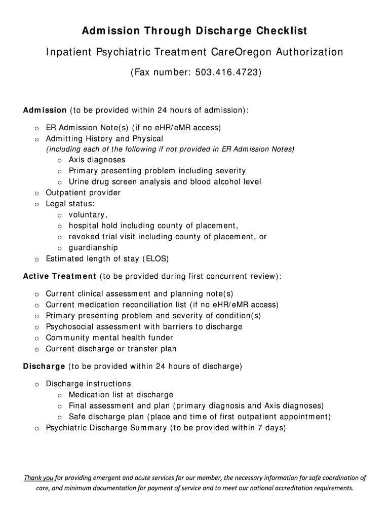Fillable Online Admission Through Discharge Checklist Fax Email Print ...