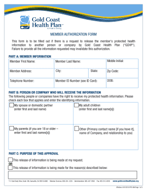 Fillable Online goldcoasthealthplan MEMBER AUTHORIZA TION FORM ...