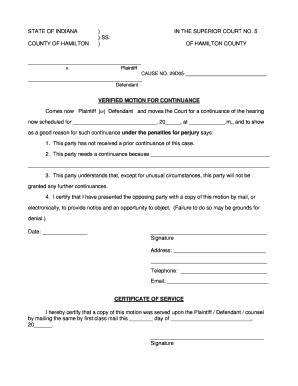 Fillable Online hamiltoncounty in Verified motion for continuance and ...