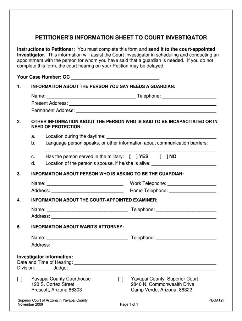 Fillable Online PETITIONER 'S INFORMATION SHEET TO COURT INVESTIGATOR ...