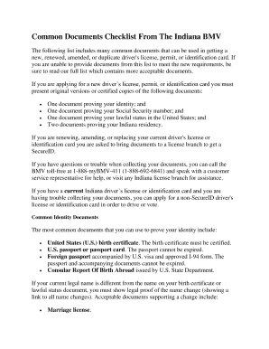 Fillable Online Common Documents Checklist From The Indiana BMV Fax ...