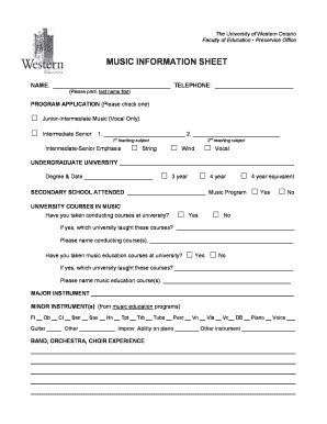 Fillable Online MUSIC INFORMATION SHEET Fax Email Print - pdfFiller