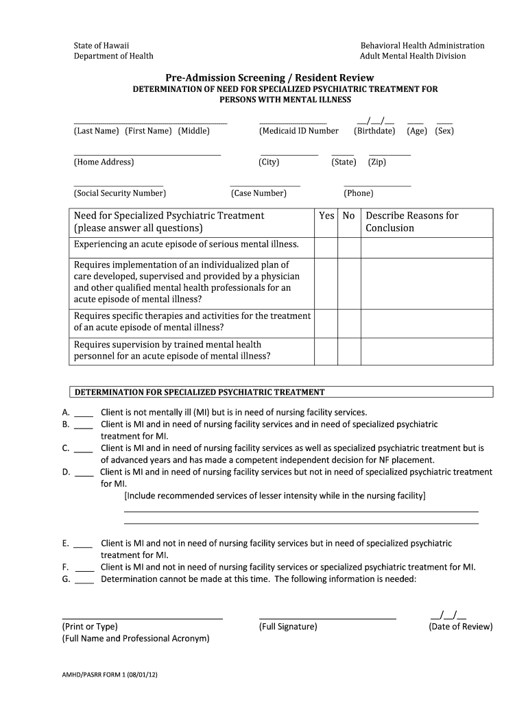 Fillable Online Pre-Admission Screening Resident Review DETERMINATION ...