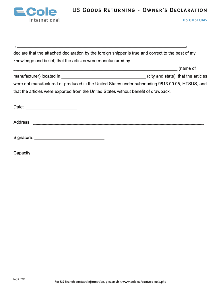 Fillable Online staging cole USA Goods Returning - Owners ...