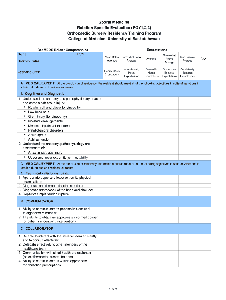 Fillable Online medicine usask Sports Medicine Rotation Specific Evaluation PGY123 - medicine ...