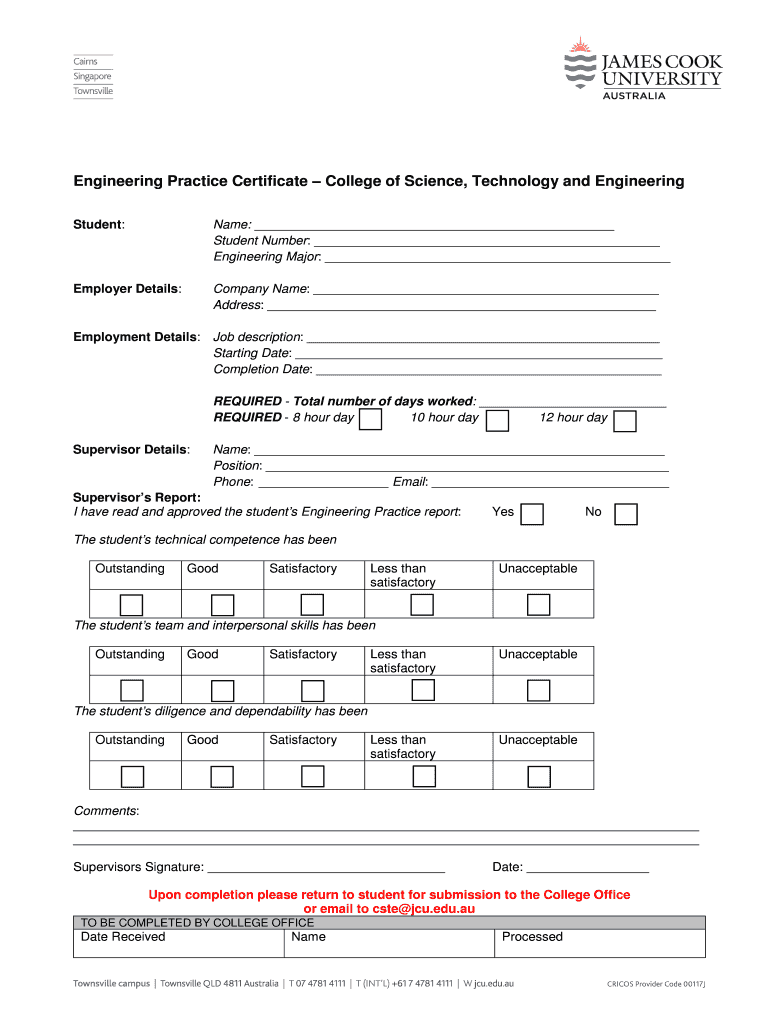 Fillable Online jcu edu Engineering Practice Certificate College of ...