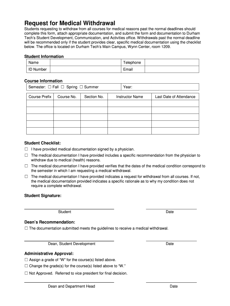 Fillable Online durhamtech Request for Medical Withdraw Form ...