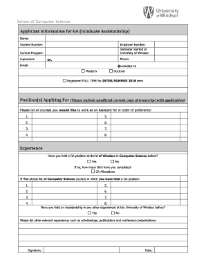 Fillable Online Applicant Information for GA Graduate Assistantship Fax ...