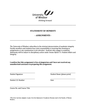 Fillable Online uwindsor STATEMENT OF HONESTY - ASSIGNMENTS - uwindsor Fax Email Print - pdfFiller