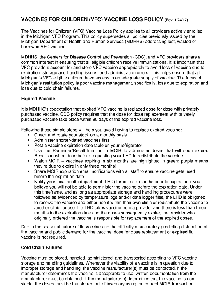 Fillable Online VACCINES FOR CHILDREN (VFC) VACCINE LOSS POLICY (Rev ...