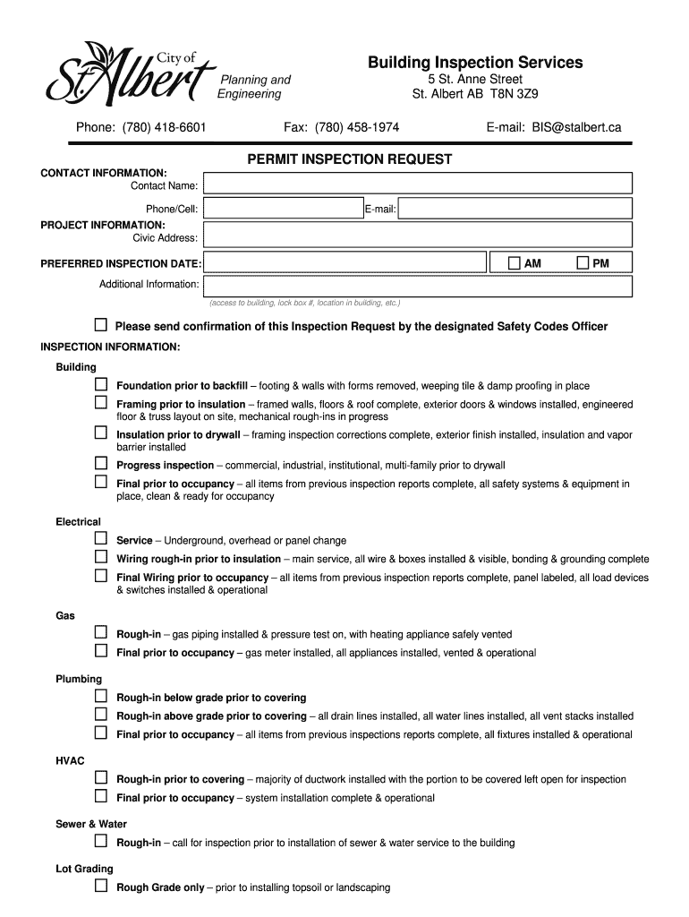 Fillable Online stalbert PERMIT INSPECTION REQUEST - St Albert Alberta ...