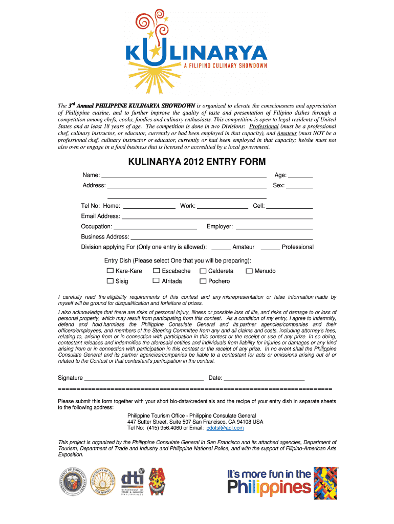 Fillable Online philippineembassy-usa KULINARYA 2012 ENTRY FORM ...
