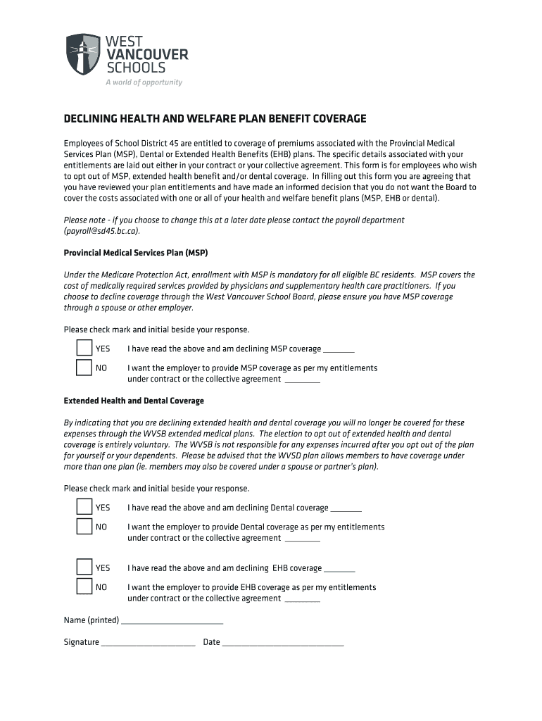 Fillable Online DECLINING HEALTH AND WELFARE PLAN BENEFIT COVERAGE Fax ...