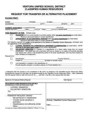 Fillable Online venturausd REQUEST FOR TRANSFER OR ALTERNATIVE ...