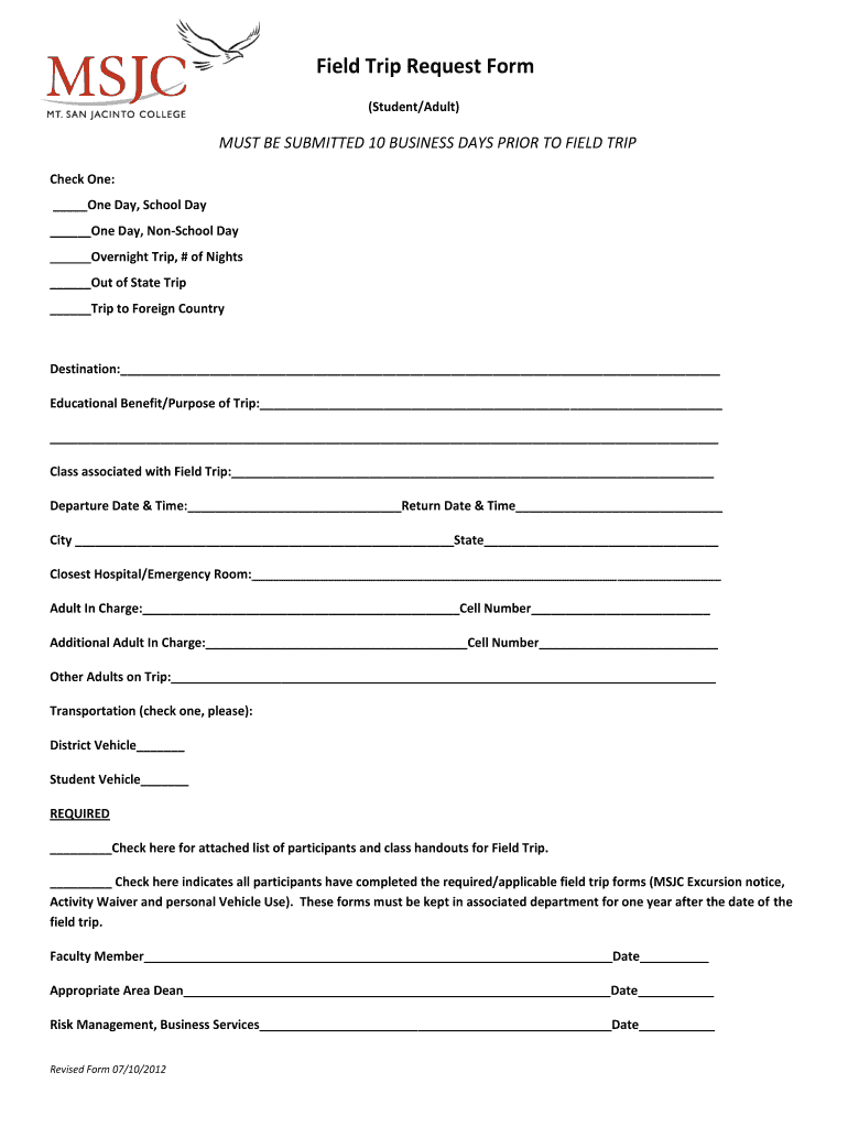 Fillable Online msjc Field Trip Request Form - Mt San Jacinto College ...