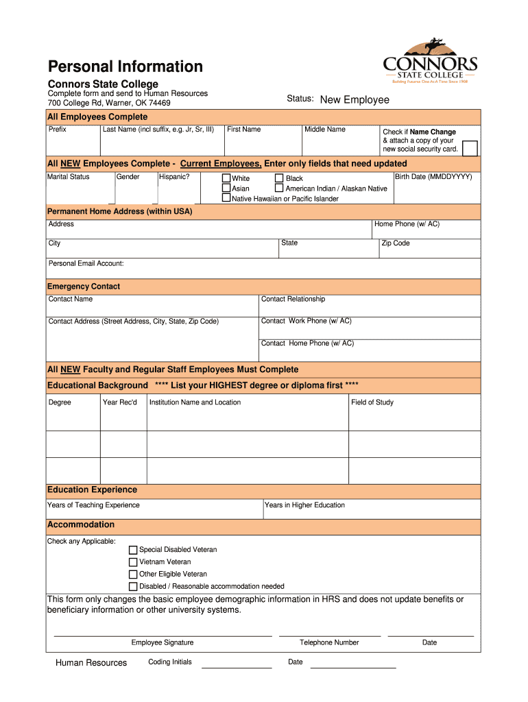 Fillable Online connorsstate Personal Information - Connors State College Fax Email Print ...