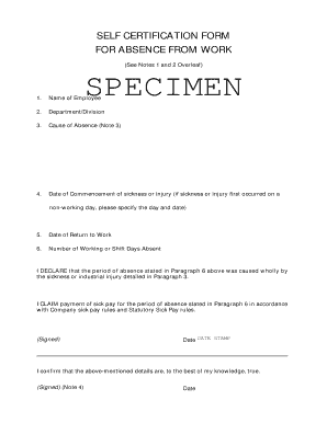 Fillable Online SELF CERTIFICATION FORM FOR ABSENCE FROM WORK Fax Email ...